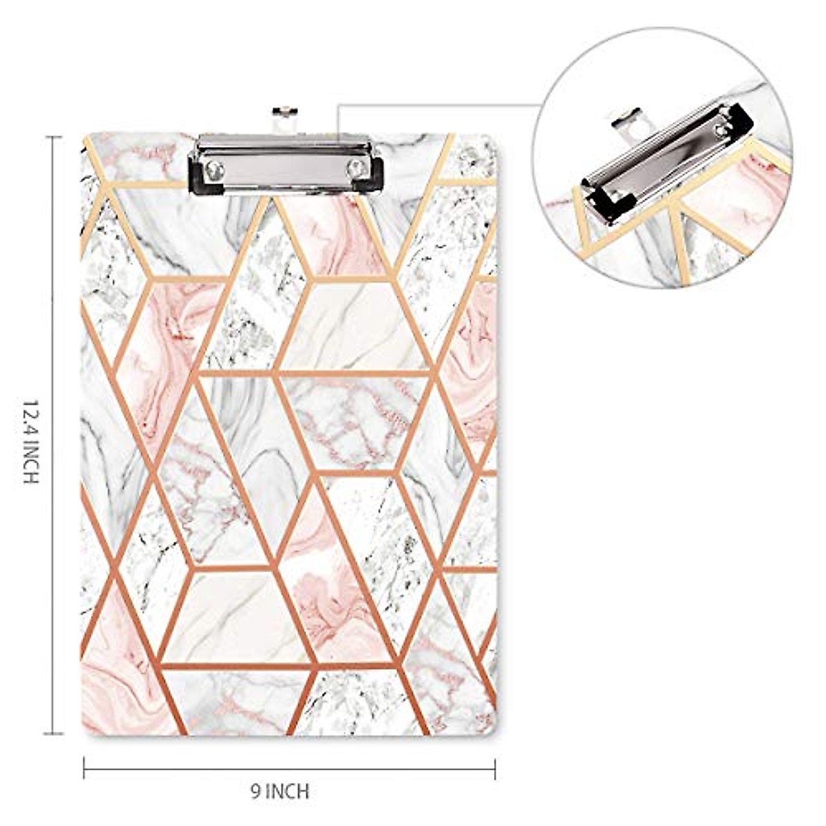 WAVEYU Marble Clipboard Decorative for Office, Cute Clipboard Hardboard with Low Profile Clip Designed for Middle High School College Student Girl Women Adult Teen Gift, Pink+Gold (12.5"x8.5")