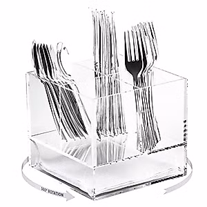 ELTOW Acrylic Swivel Silverware Caddy - Stylish Kitchen Table Organizer for Flatware, Cutlery, Arts, Cosmetic, Party with Napkin Holder - Made with Clear Lucite, Divided Storage Pantry Basket for Forks, Knives, Spoons, etc.