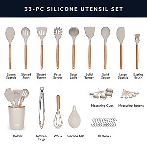 Home Hero 33 Pcs Kitchen Cooking Utensils Set, Non-Stick Silicone Cooking Kitchen Utensils Spatula Set with Holder, Wooden Handle Silicone Kitchen Gadgets Utensil Set (33 Pcs - Khaki)