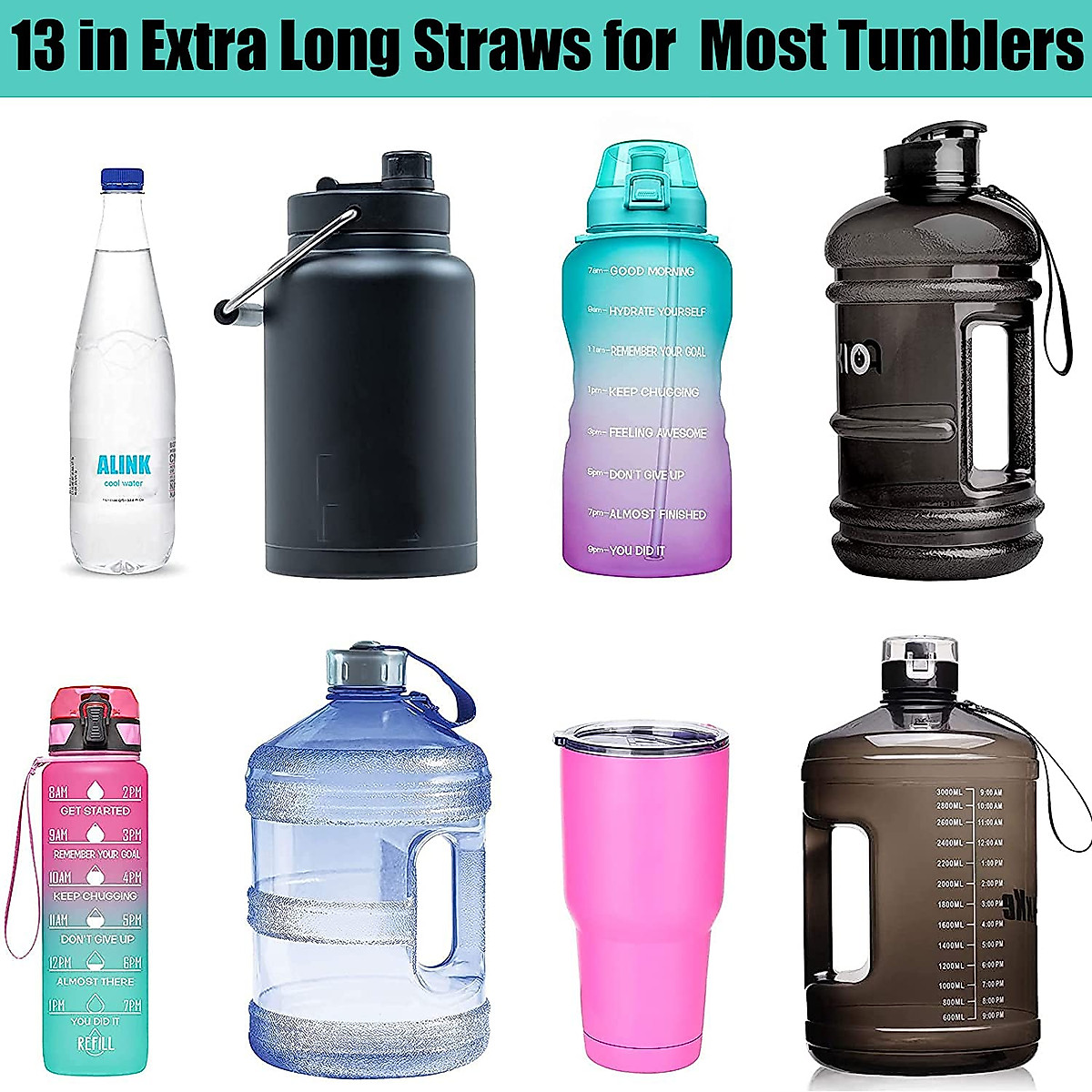 ALINK 13 inch Extra Long Reusable Plastic Black Straws, 12-Pack Tumbler Straws for Stanley Cups, 1 Gallon, 64 oz 40 oz 32 oz Water Bottles, Pack of 12 with Cleaning Brush