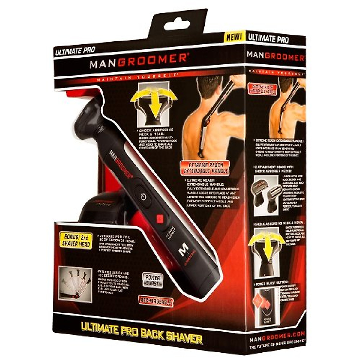MANGROOMER - ULTIMATE PRO Back Shaver with 2 Shock Absorber Flex Heads, Power Hinge, Extreme Reach Handle and Power Burst