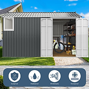Schuppen Mit Fenstern, 8x12ft Doppelt Verschlossenes Metall-gartenhaus, Werkzeugschuppen-abstellraum Im Freien Mit Schrägdach, Für Hinterhof, Garage, Rasen, Grau