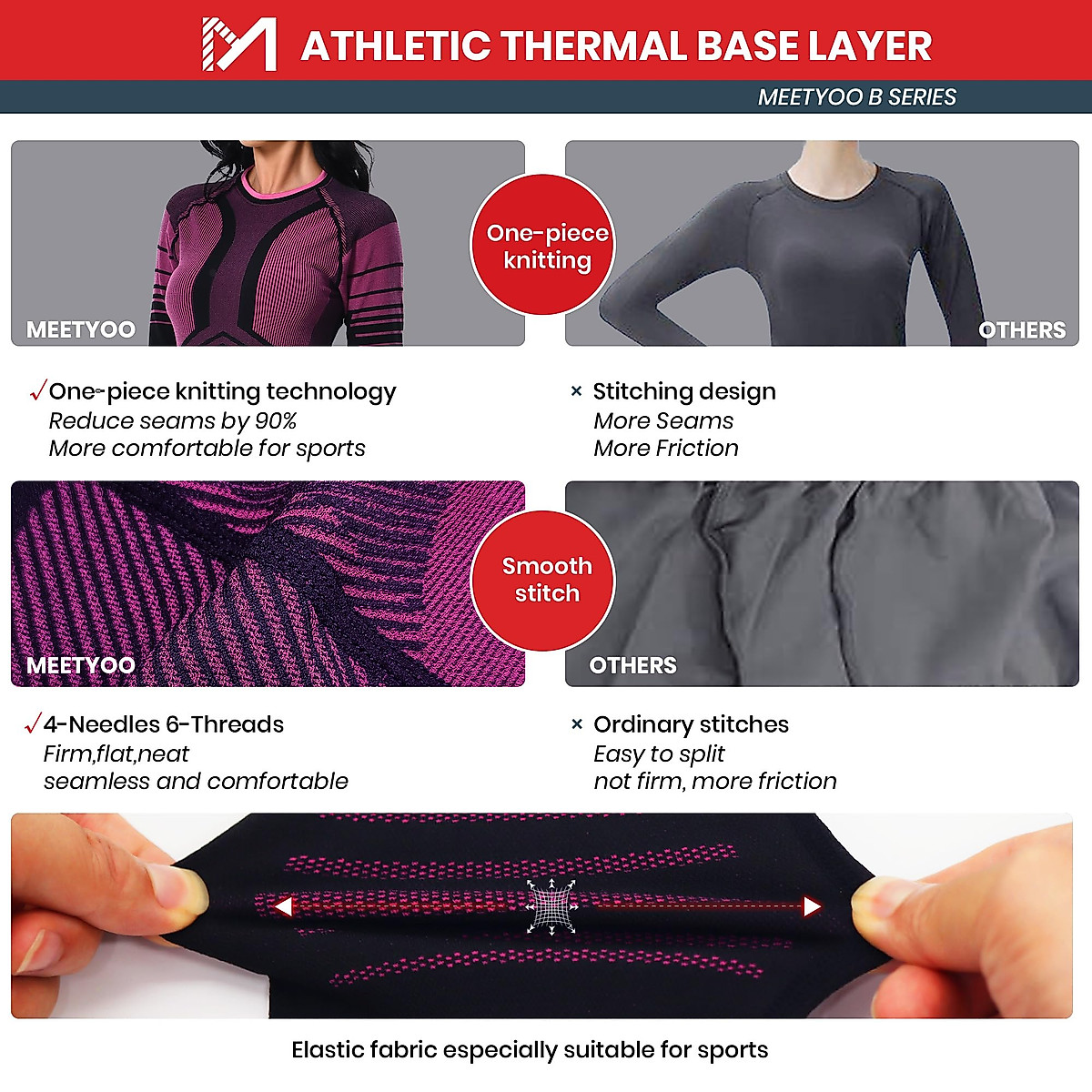 MEETYOO Women's Thermal Sets Winter Long Johns Warm Base Layer Top Bottom Cold Gear Skiing Underwear, Rose Red, Medium