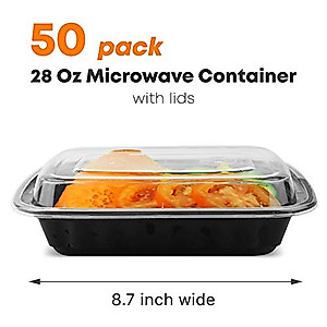 Miibox 28 Oz Bento Box with Lids, BPA Free, 50pcs Fork Disposable Food Take Out Container, Black