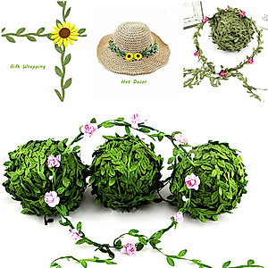 3 Rolls 22Yards Artificial Ivy Leaf Ribbon Fake Olive Green Vines Trim Jungle Garland with Sunflower Felt Applique for Rustic Wrapping Wedding Home Garden Decoration Craft Supplies