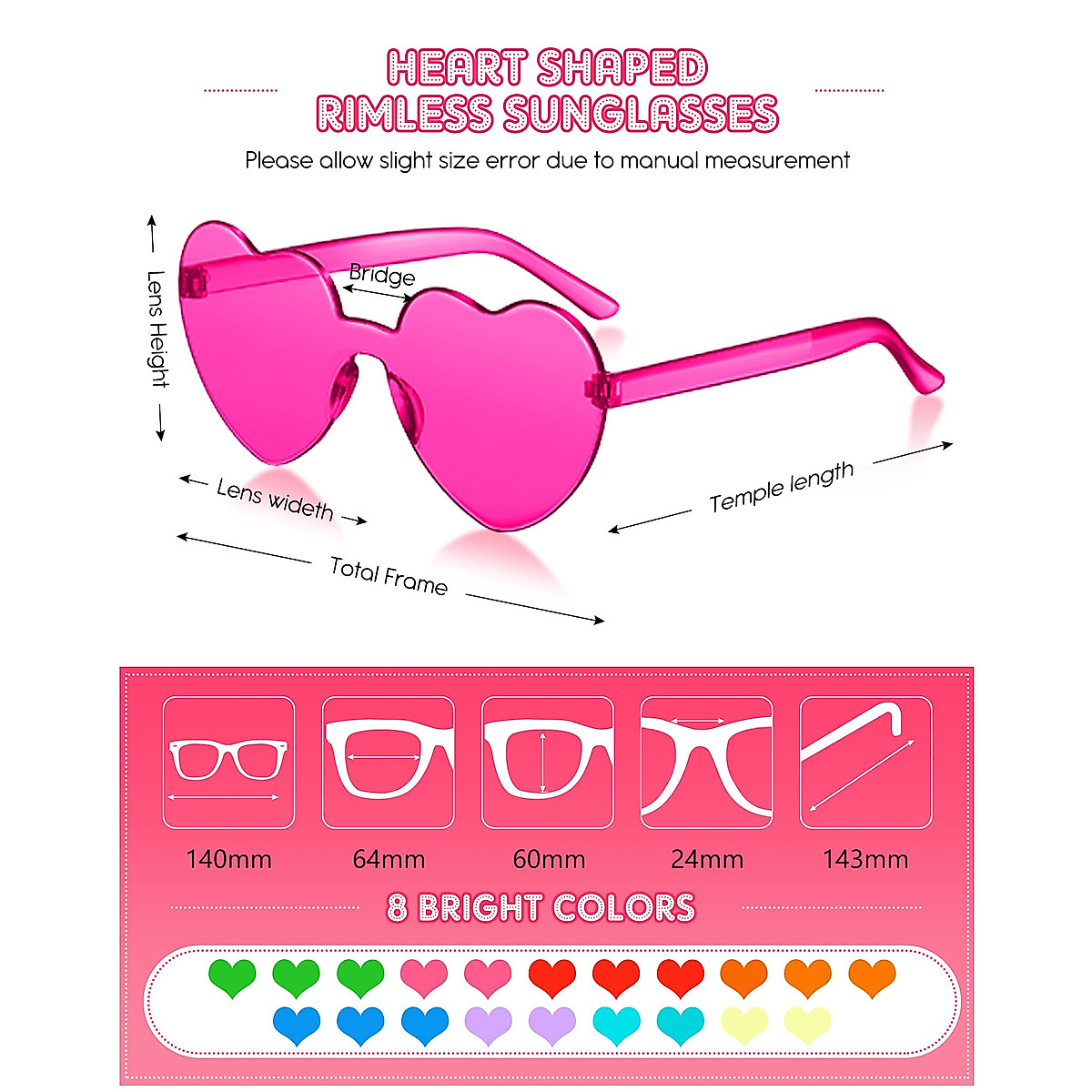 Sherr 48 Pairs Rimless Sunglasses Neon Party Supplies Glasses Plastic 80s Funky Sunglasses for Women Men (Neon Color,Heart Shape)
