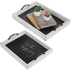 MyGift Vintage White Wood Large Decorative Serving Tray with Metal Handles and Chalkboard Surface, Nesting Coffee Table Breakfast Trays, 2-Piece Set