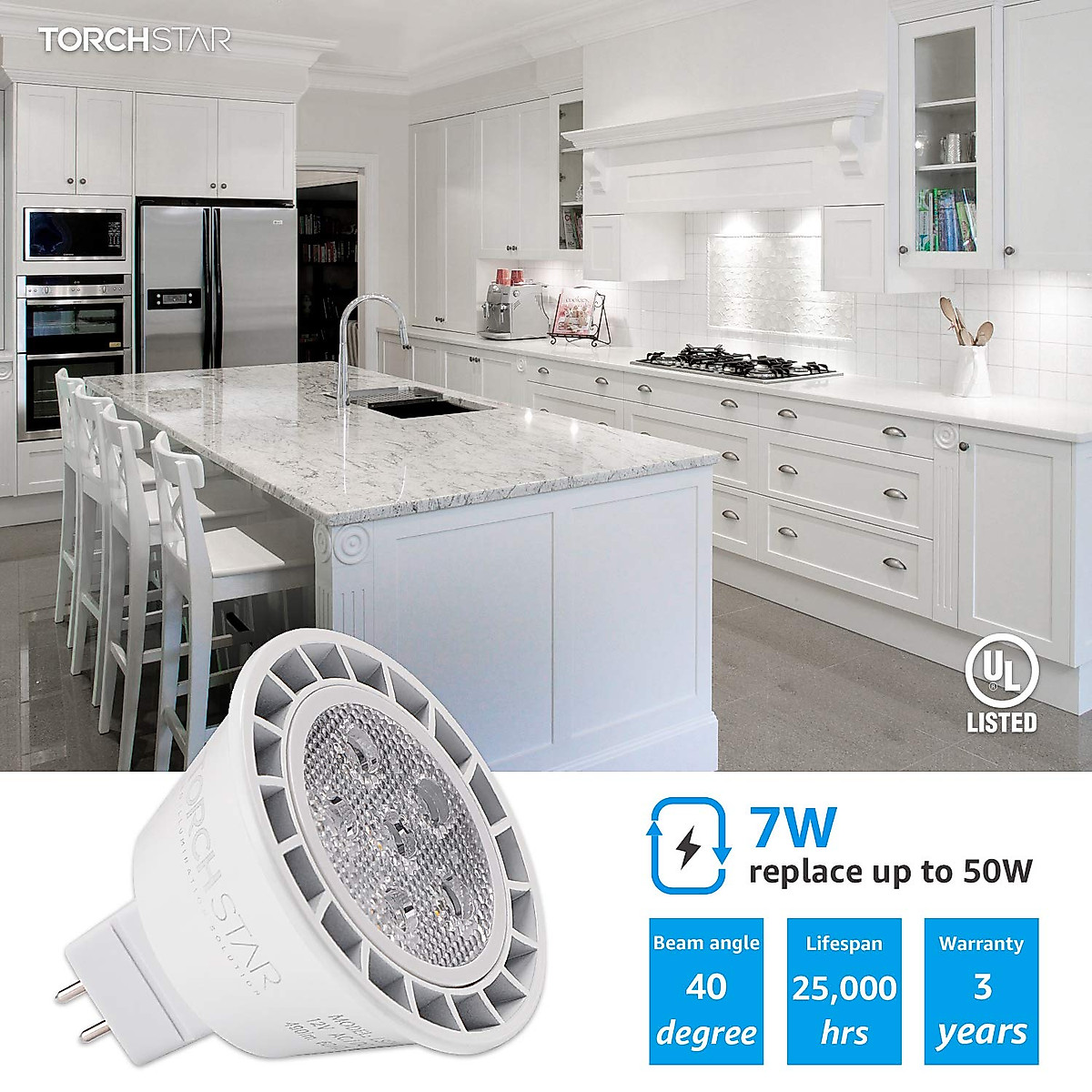 TORCHSTAR MR16 LED Bulb Dimmable, 7W 12V 490LM 50W Equivalent, 5000K Daylight, GU5.3 Bi-Pin Base MR16 LED Spotlight, LED MR16 Light Bulbs for Recessed and Track Lighting, UL & ES Listed, Pack of 6