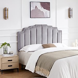 Kingfun Mid Century Headboard for Queen Size Bed, Velvet Upholstered Tufted Bed Headboard with Nailhead Decor, Adjustable Curved Solid Wood Head Board Vertical Channel Design (Medium Grey)