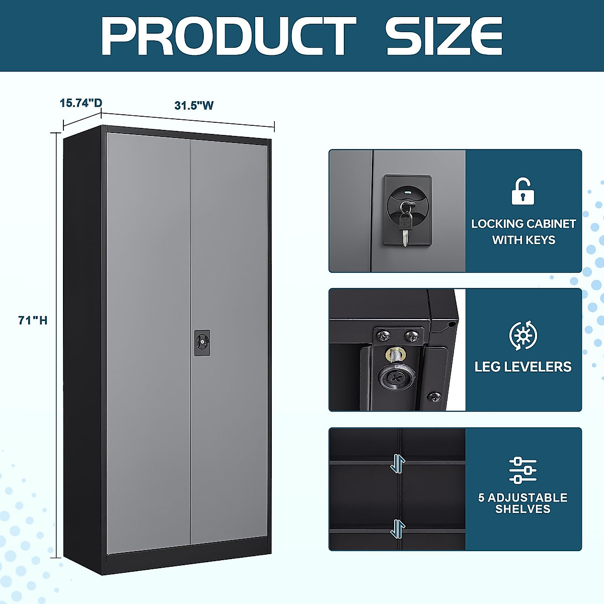 MIIIKO Metal Storage Cabinet with Locking Doors, Black Garage Lockable Steel Cabinets with 4 Doors and 5 Shelves for Home, Garage, Pantry Workshop Warehouse