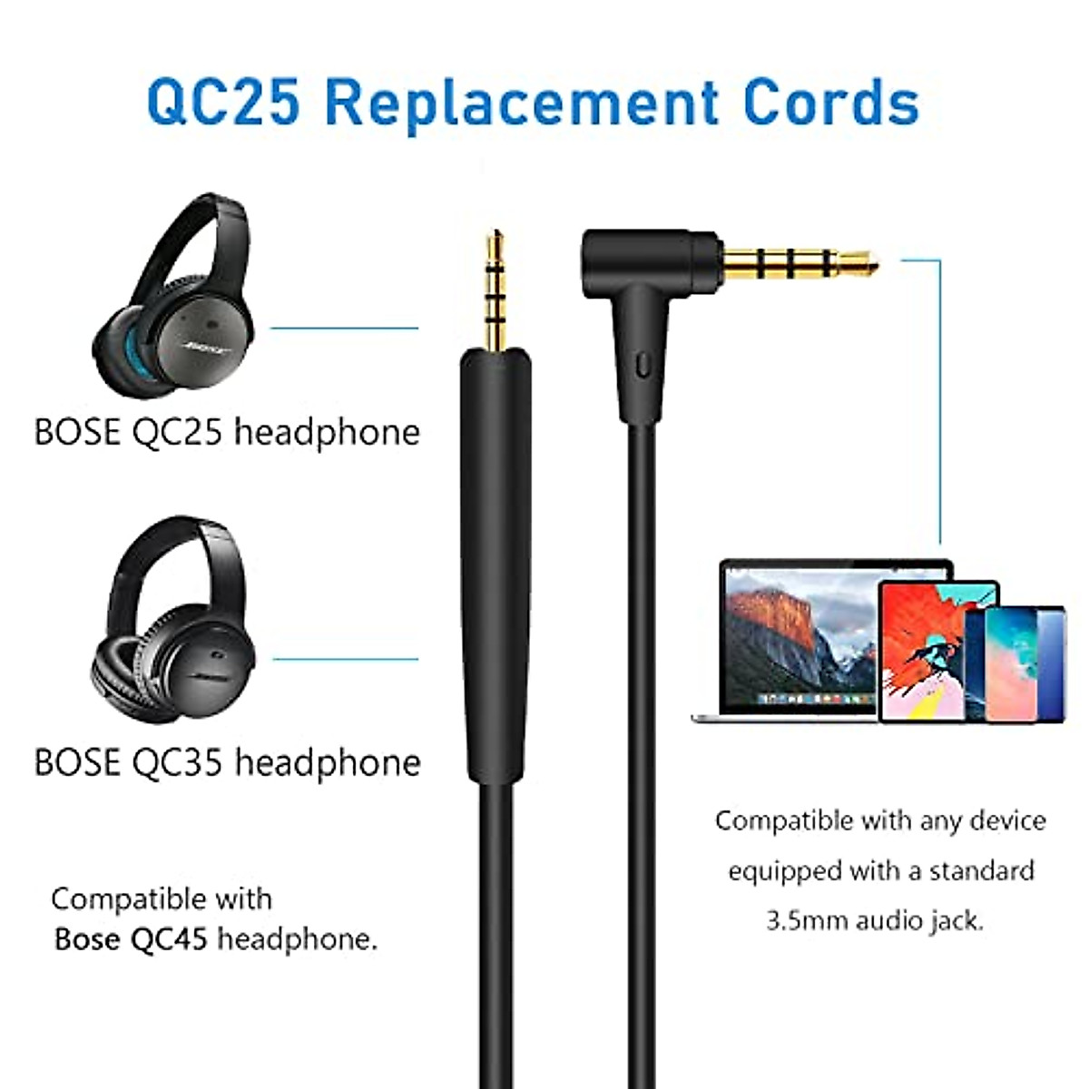 Replacement Audio Cable Cord for Bose QC25, QC35, QuietComfort 25, QuietComfort 35, OE2,OE2i, On-Ear 2 Headphones Inline Mic/Remote Control – Black