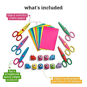 Incraftables 6pcs Decorative Pattern Edge Craft Scissors 10pcs Small Paper Hole Punch Shapes 10pcs Colorful Papers. Best for Fun DIY Scrapbooking Crafting Projects for Kids Adults.
