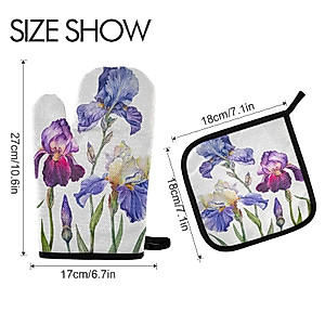 Royal Iris Flowers Kitchen Oven Mitts Pot Holders Sets Heat Resistant Machine Washable BBQ Gloves for Cooking Baking Grilling