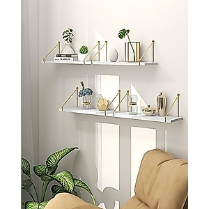 SUMGAR White Floating Shelves 16 Inch Gold Wall Mounted Floating Shelf for Bathroom Bedroom Kitchen Office Set of 2 Modern Wood Haing Shelf for Plant Book Storage and Display