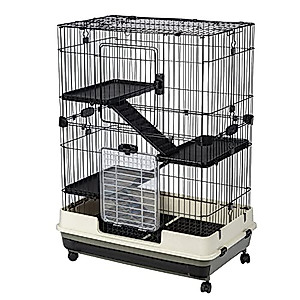 4-Tier 32" Small Animal Metal Cage Height Adjustable with Lockable Casters Grilles Pull-Out Tray for Rabbit Chinchilla Ferret Bunny Guinea Pig Squirrel Hedgehog,Black