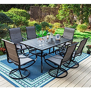 PHI VILLA 7 Piece Patio Dining Set for 6, 1 Large Metal Table and 6 Outdoor Dining Chairs with High Back and Padded Textilene, Outdoor Furniture Set for Garden, Yard