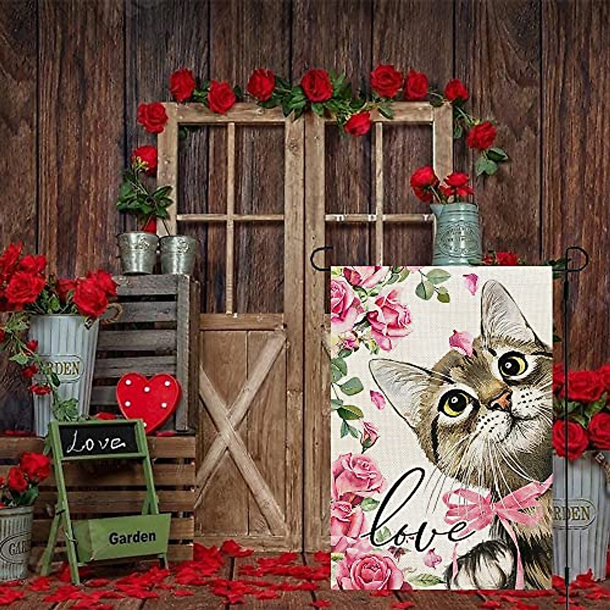 CROWNED BEAUTY Valentines Day Cat Garden Flag 12x18 Inch Double Sided for Outside, Pink Roses Love Yard CF687-12