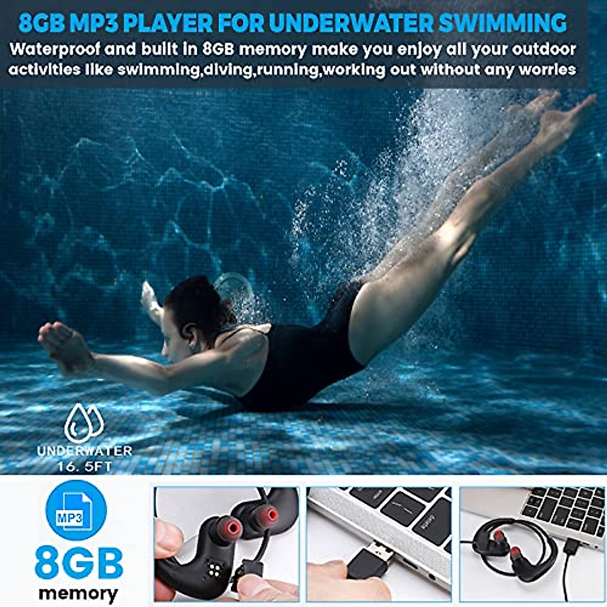 MTYBBYH Waterproof Headphones for Swimming,IPX8 Waterproof 8GB MP3 Player Wireless Bluetooth Swimming Headphones with Noise Cancelling Mic for Swimming,Diving,Running,Cycling,Gym,Workout