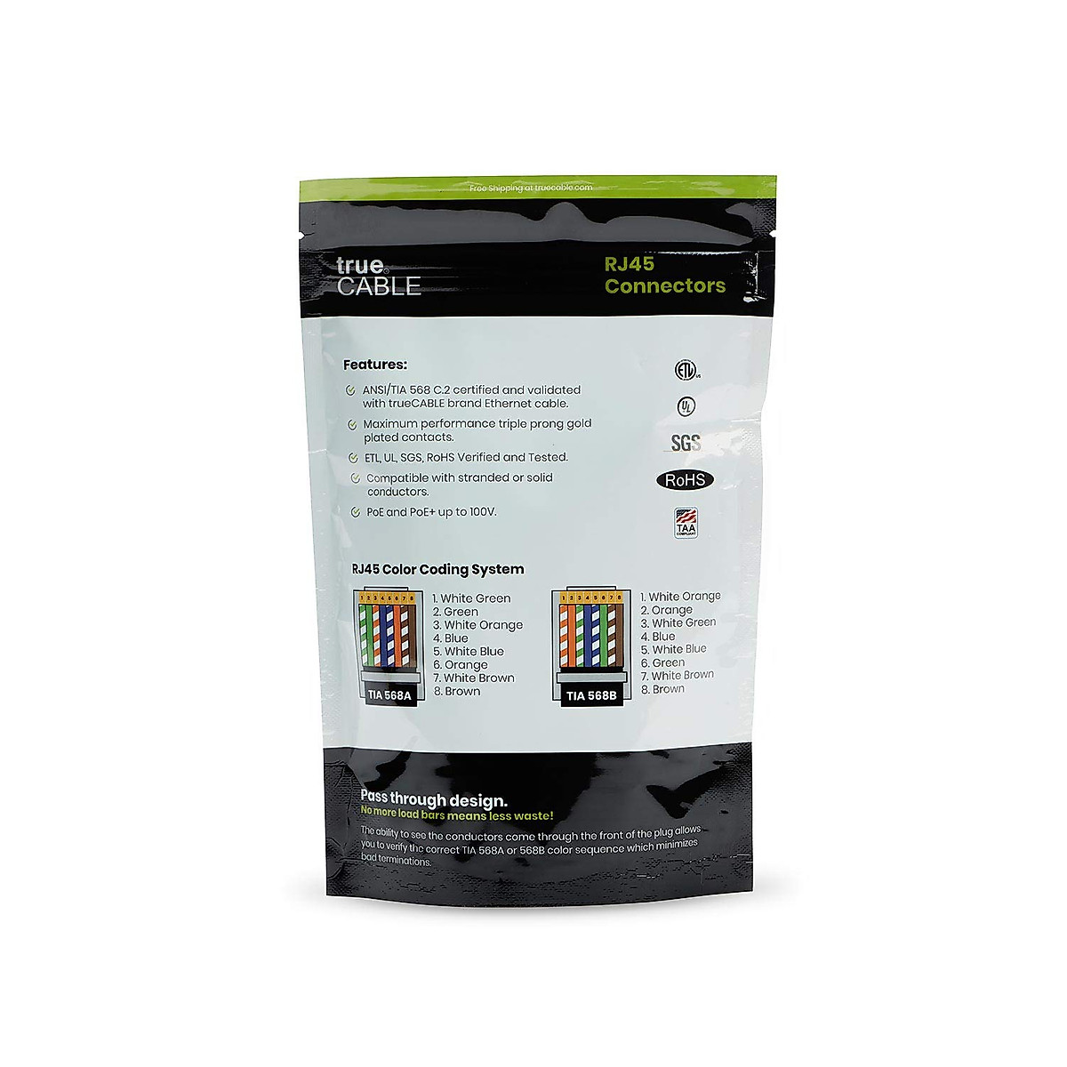 trueCABLE Cat6/6A RJ45 Pass Through Connectors, Unshielded (UTP) Modular Plug, UL Listed, EZ Crimp End, Gold Plated 3 Prong 8P8C, 100 Pieces