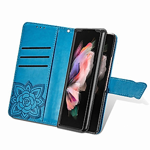 COTDINFOR Case for Samsung Galaxy Z Fold 5 Case Glitter Bling with Card Holder and Stand Leather Flip Wallet Diamond Butterfly Protective Case for Samsung Galaxy Z Fold 5 Crystal Blue