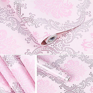 HOYOYO Self-Adhesive Shelf Liners Paper, Removable Self Adhesive Shelf Liner Dresser Drawer Wall Stickers Home Decoration, Pink Damask 17.8 x 118 Inches