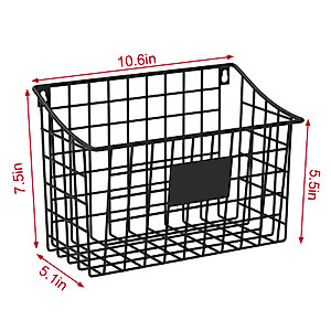 Wall Mounted Bin Basket with 5 Hooks 3 Label Plate Adhesive-3 Pack, Cabinet Hanging Metal Wire Basket,Rustic Farmhouse Decor, Storage Organization Shelf for Pantry Kitchen Bathroom 10.6*7.5*5.1inch