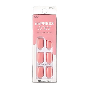 KISS imPRESS No Glue Mani Press On Nails, Color, 'Pretty Pink', Pink, Short Size, Squoval Shape, Includes 30 Nails, Prep Pad, Instructions Sheet, 1 Manicure Stick, 1 Mini File