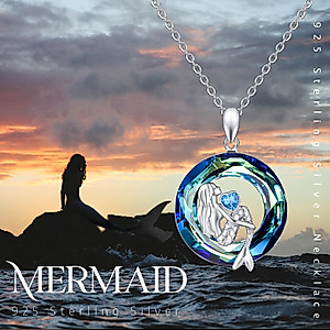 AOVEAO Crystal Mermaid Necklace 925 Sterling Silver Mermaid Ocean Circle Crystal Necklaces Mermaid Jewelry Gifts (Heart Mermaid Necklace)