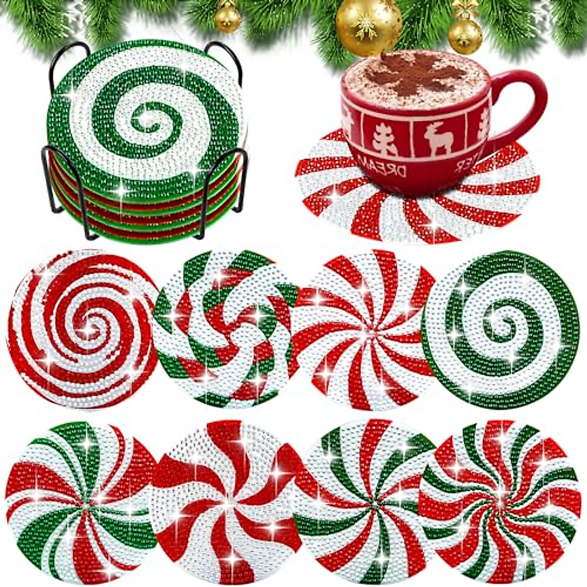 DIYDEC 8pcs Christmas Diamond Candy Paintings Coasters Kits with Holder Diamond Art Coasters Acrylic Diamond Art Paintings Ornament for Adults Kids Xmas Decor DIY Crafts (Red Green White)