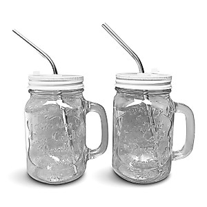Home Suave Mason Jar Mugs with Handle, Regular Mouth, White Lids with 4 Reusable Stainless Steel Straw, Set of 4 (White), Kitchen GLASS 16 oz Jars, Dishwasher Safe