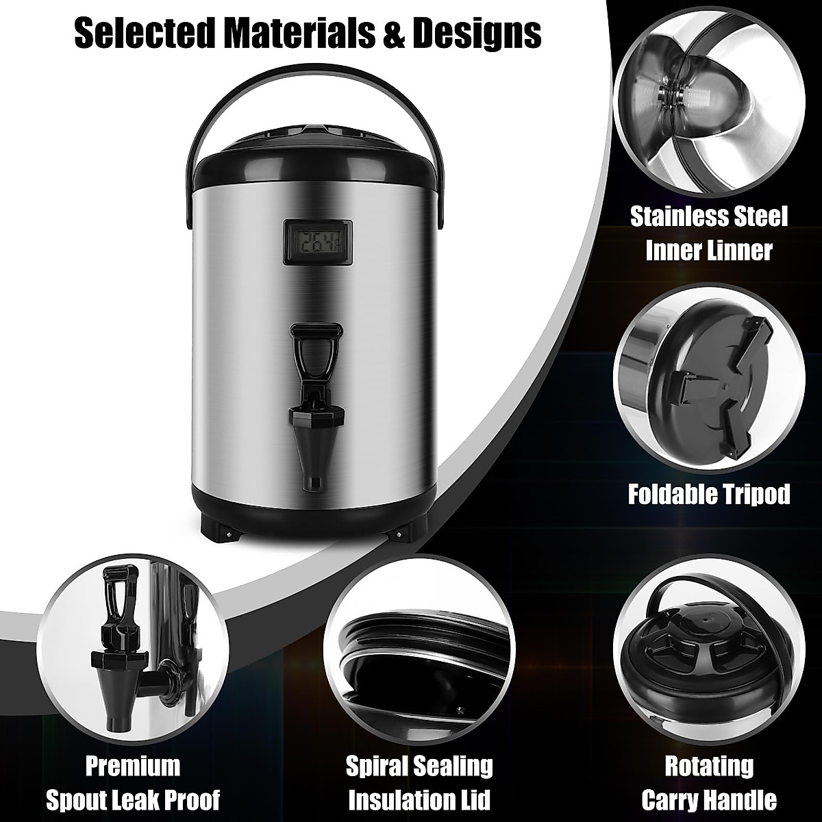 Insulated Beverage Dispenser 12 QT/3.2 Gallon, Stainless Steel Beverage Dispenser Cold and Hot Drink dispenser with Thermometer-Spigot for Hot Tea & Coffee, Cold Milk, Water, Juice