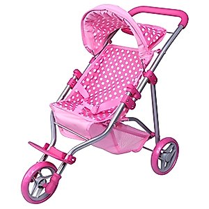 Precious Toys Baby Doll Stroller, Doll Stroller for Toddlers and 2-Year-Old Girls and Older, Pink & White Polka Dots, Toy Baby Stroller for Dolls, Foldable with Hood, Basket and Foam Handles