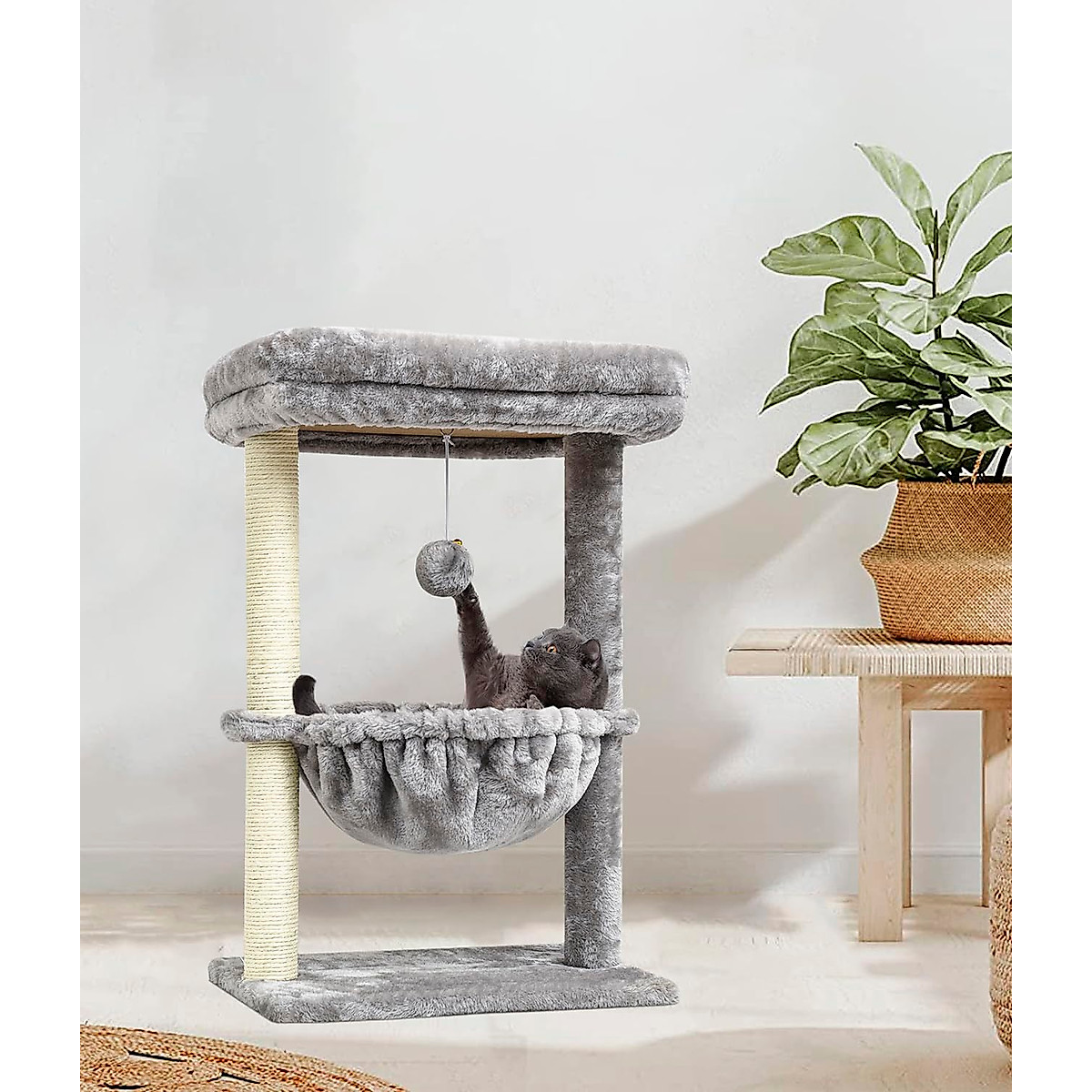 SYANDLVY Small Cat Tree for Indoor Cats, Activity Cat Tower with Scratching Post for Kittens, Cat Bed & Furniture with Basket & Hanging Ball for Play Rest