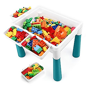 ROGALALY Kids Activity Table Set, All-in-One Multi Activity Table with Storage, 105pcs Building Blocks Table Compatible with Classic Bricks, Craft Learn Play Water Sand Table for Boys Girls