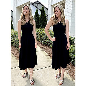 ZESICA Women's 2025 Bohemian Summer Floral Print One Shoulder Sleeveless Smocked Ruffle Tiered Beach Long Midi Dress,Black,Medium