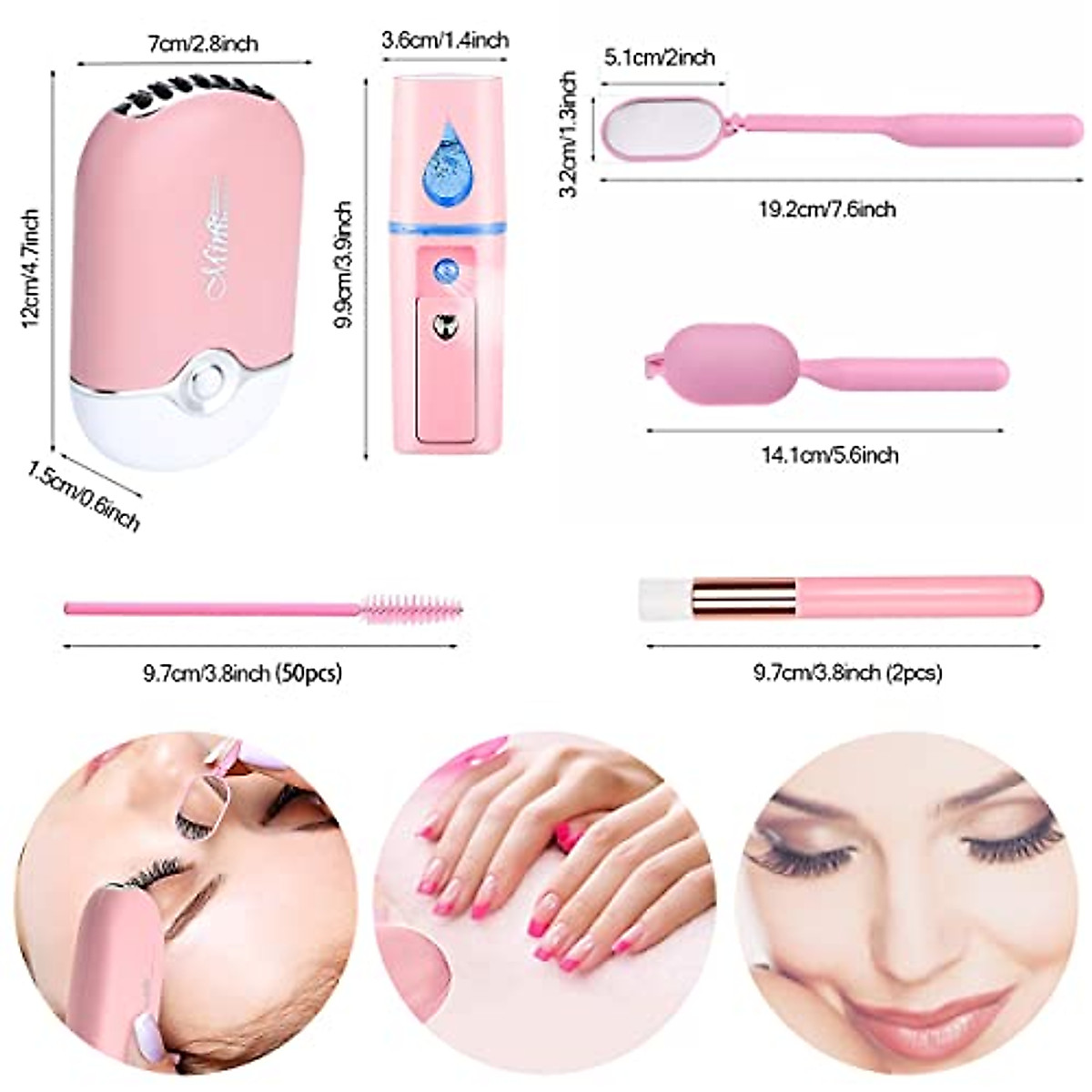 55 PCS lash Fan Dryer for Eyelash Extensions,USB Air Conditioning Blower, Mini Mister for Lash Extensions, Adjustable 270 Degree Lash Mirror, 2 Lash Shampoo Brushes, 50 Eyelash Mascara Brush (Pink)