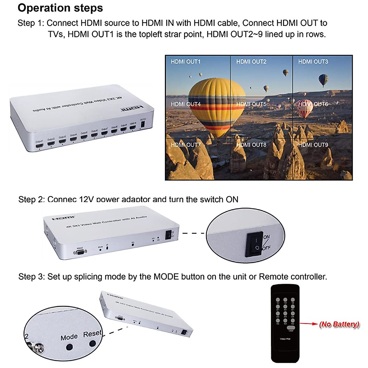 4K HDMI 3x3 Video Wall Controller with Al Audio | 9 Channels | HDMI 1.4, HDCP1.4 | 1 HDMI Input & 9 Outputs | 15 Display Modes - 1x2, 1x3, 1x4, 2x1, 2x2, 2x3, 2x4, 3x1, 3x2, 3x3, 4x1, 4x2