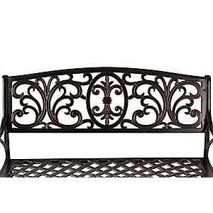 Patio Sense 63284 Decatur Cast Aluminum Patio Bench Heavy Duty Rust Free Metal Construction Front Porch Backyard Lawn Garden Pool Deck Outdoors Fleur-De-Lis Design - Antique Bronze Finish