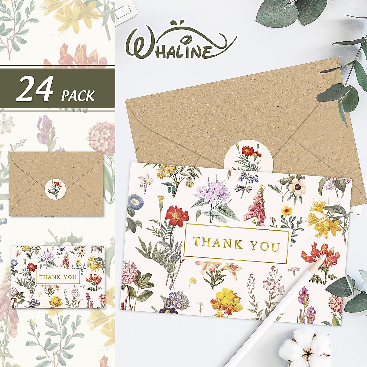 Whaline 24 Pack Wildflower Thank You Cards Vintage Floral Greeting Cards with Envelopes Stickers Gold Foil Retro Spring Blank Note Cards for Wedding Bridal Baby Shower Birthday, 4 x 6 Inch