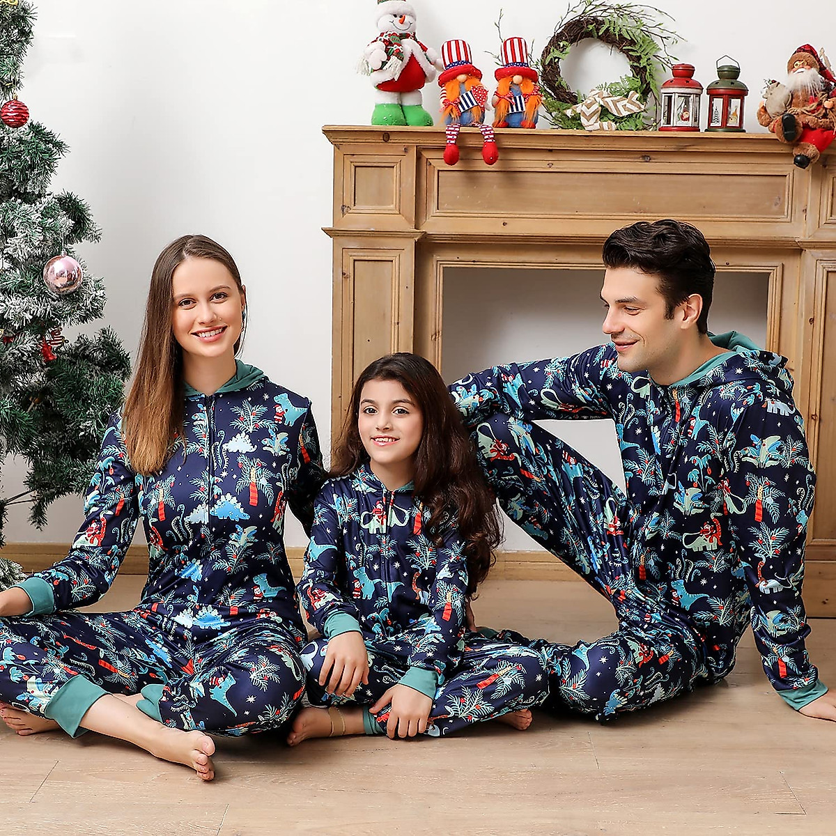 ANGELGGH Onesie Christmas Family Matching Pajamas Adult Couples Men PJs Hooded Women Novelty One-piece Sleepwear (Youth, 2-3T, Dinosaur)