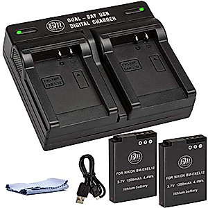 BM Premium 2 EN-EL12 Batteries & Dual Charger for Nikon Coolpix A1000 B600 W300 A900 AW100 AW110 AW120 AW130 S6300 S8100 S8200 S9050 S9200 S9300 S9400 S9500 S9700 S9900 P330 P340 KeyMission 170, 360