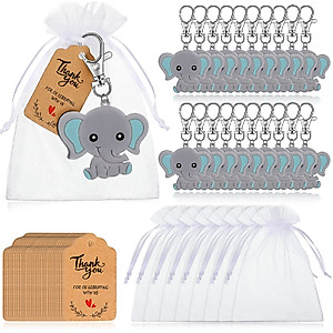 30 Sets Baby Shower Return Favors Include Elephant Keychains Organza Bags and Thank You Kraft Tag Baby Shower Souvenirs Boy Girl for Elephant Theme Birthday (Blue)
