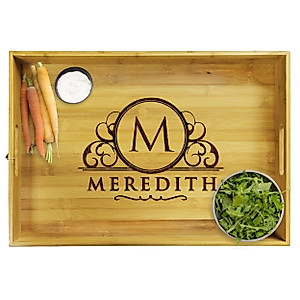 Premium Monogrammed Bamboo Wood Serving Tray with Handles - Personalized and Custom Engraved for Free