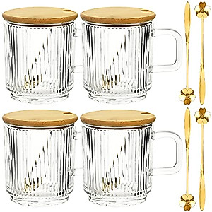 4 Pcs Glass Coffee Mugs with Lids and Spoons 12.5 Oz Classical Vertical Stripes Tea Cups Unleaded Clear Drinking Glasses with Handle for Americano Latte Cappuccino Tea Water Juice Milk Beverage