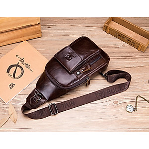 BULLCAPTAIN Mens Genuine Leather Sling Crossbody Bag Travel Casual Multi-pocket Chest Bag Hiking Backpacks (Brown)