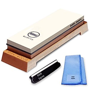 KING Whetstone Starter Set Include 1000/6000 Grit Combination Whetstone made in Japan, Knife Angle Holder, B&B Japan Original Wiping Cloth and Stable Plastic Base