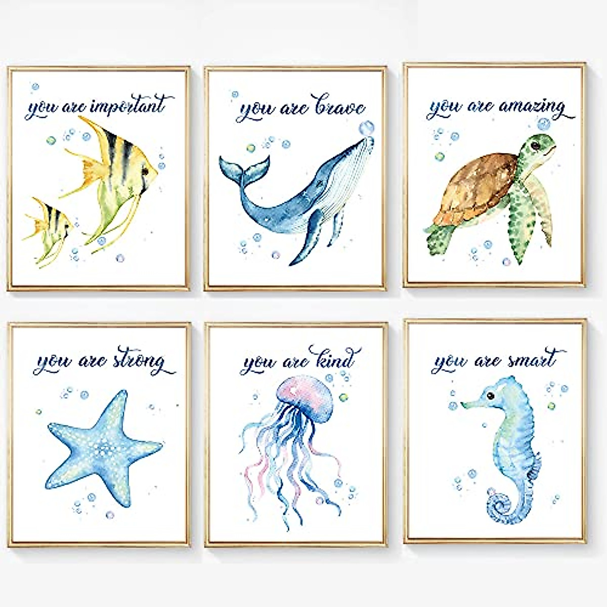 SUUURA-OO Inspirational Words Texture of Dreams Watercolor Sea marine life Art Print Set of 6 (8”X10”), Sea Turtle Seahorse fish whale Jellyfish Watercolor Wall Poster, Blue Ocean Theme Nursery Kids Room Wall Decor
