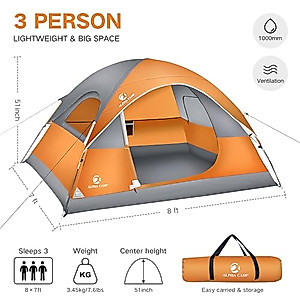 Camping Tent, 3/4 Person Dome Tent Backpacking Instant Tent with Easy Setup, Waterproof Lightweight Portable Pop Up Tent for Camping, Hiking, Mountaineering or Beach, Includes Wind Rope and Carry Bag