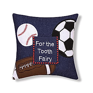 C&F Home Tooth Fairy Embroidered Pillow with Pocket for Boys Sports Theme for Boys and Girls | Toothfairy Throw Petite Pillow for Kids Room Tooth Holder for First Lost Tooth 8 x 8 Blue
