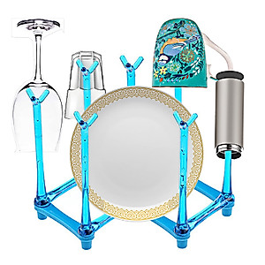 PCTC Retractable Cup Drying Rack, Drinking Glass and Sports Bottle Drainer Stand, Plastic Bag Dryer and Mug Tree with Non-Slip Bottom for Kitchen Countertop (Blue)